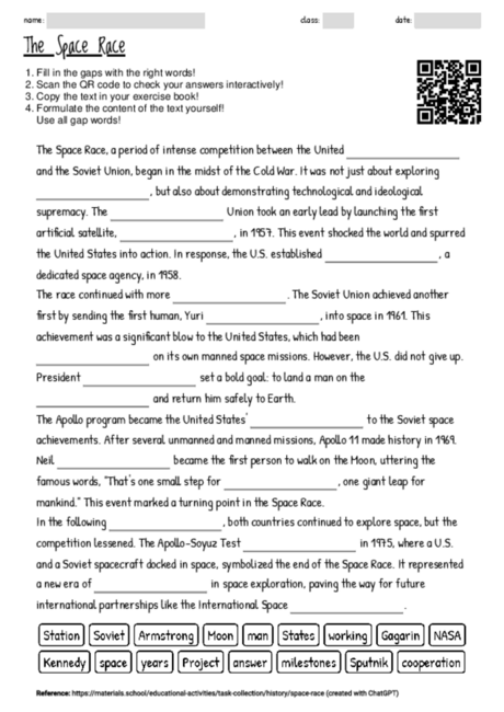 Worksheet with the topic "The Space Race" | MATERIALS.SCHOOL